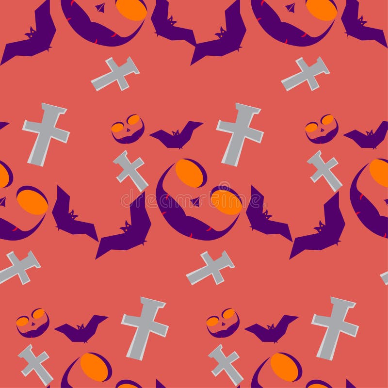 Seamless Pattern of Halloween Ghost Face and Cross on Orange Background ...