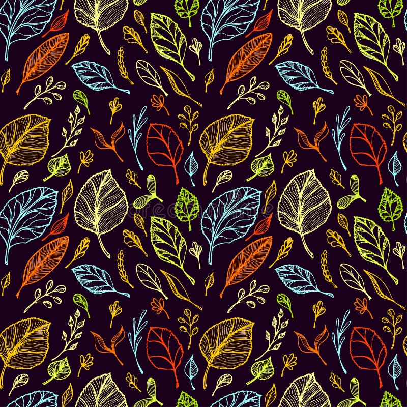 Seamless Pattern from Hand Draw Structure of Leaves Colorful on Black ...