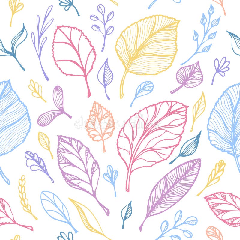 Seamless Pattern from Hand Draw Structure of Leaves Colorful on White ...