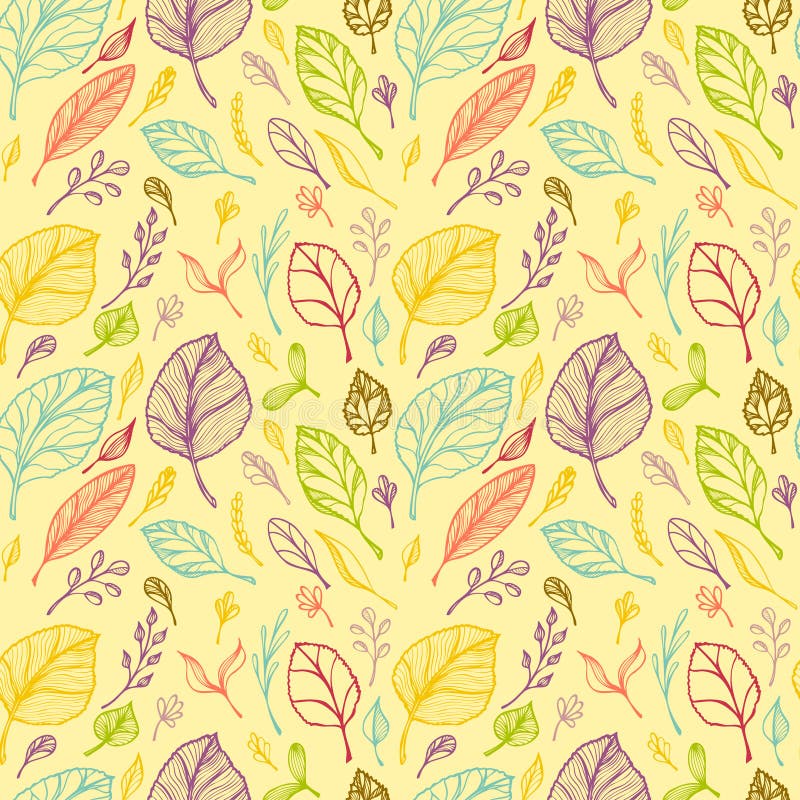 Seamless Pattern from Hand Draw Structure of Leaves Colorful on Yellow ...