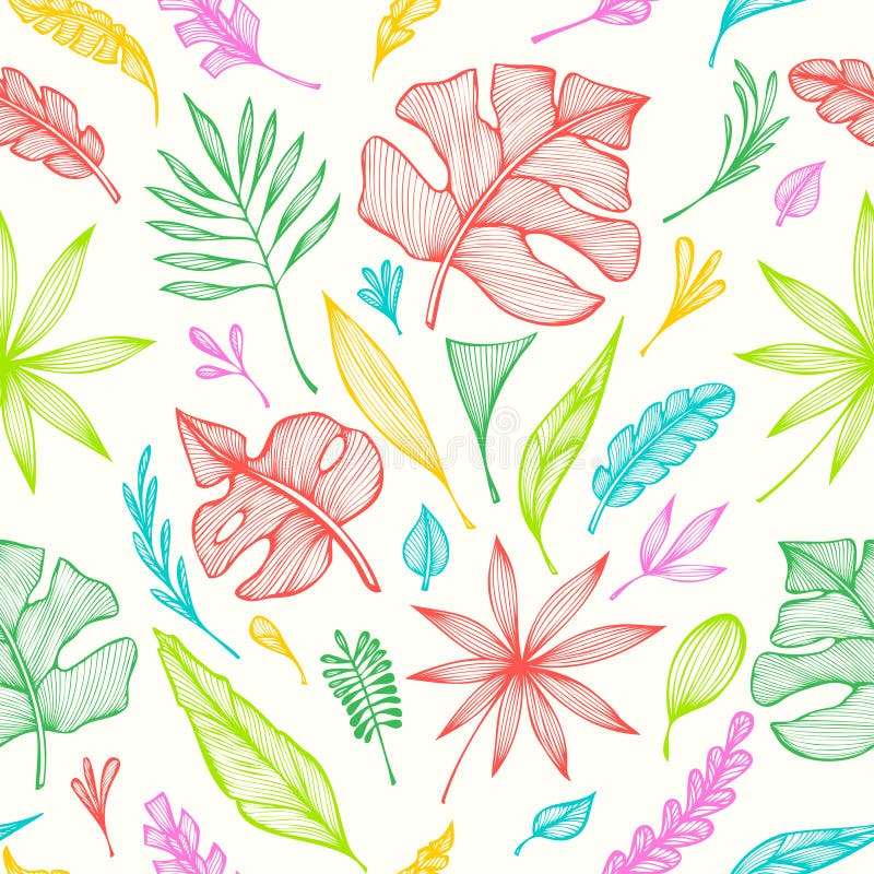 Seamless Pattern from Hand Draw Structure of Tropic Leaves Colorful on ...
