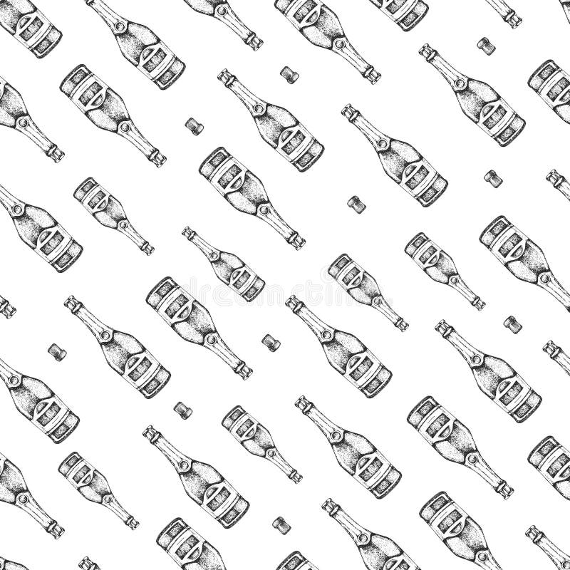 Seamless Pattern with Hand Drawing Champagne Bottle and Cork Stock ...