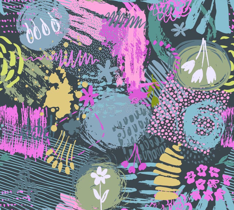 Seamless Pattern with Hand Drawn Abstract Ink Texture and Floral Nature ...