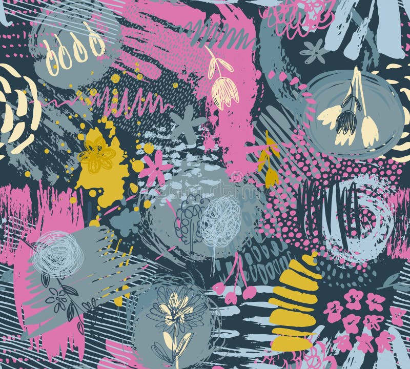 Seamless Pattern with Hand Drawn Abstract Ink Texture and Floral Nature ...