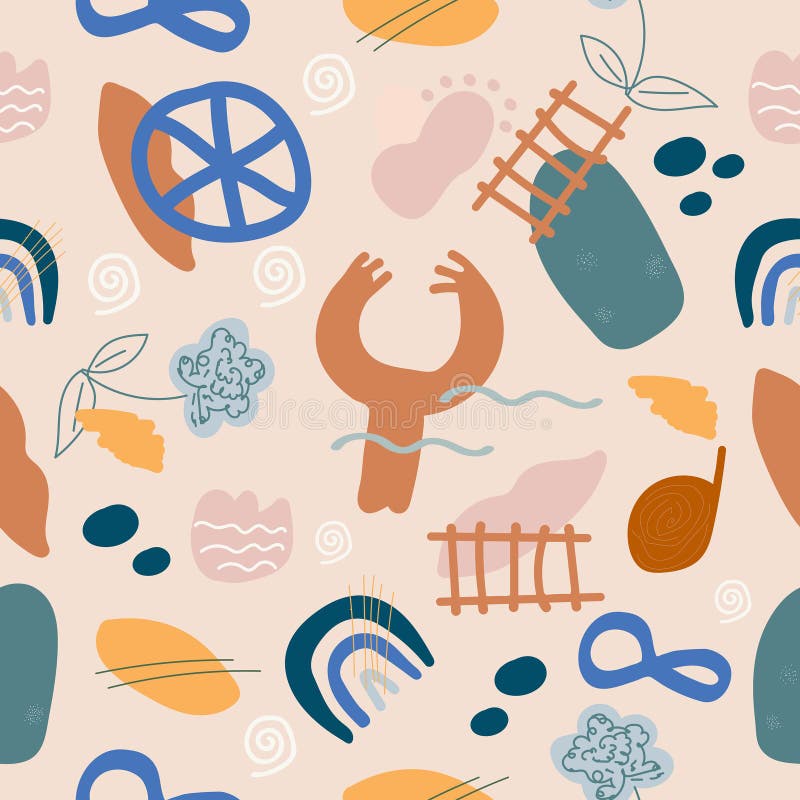 Seamless Pattern Hand Drawn Abstract Modern Shapes and Objects. Doodle ...