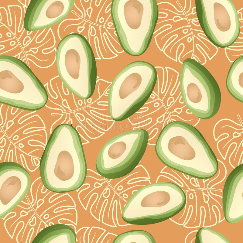 Seamless Pattern with Hand Drawn Avocado Slice on Beige Background ...