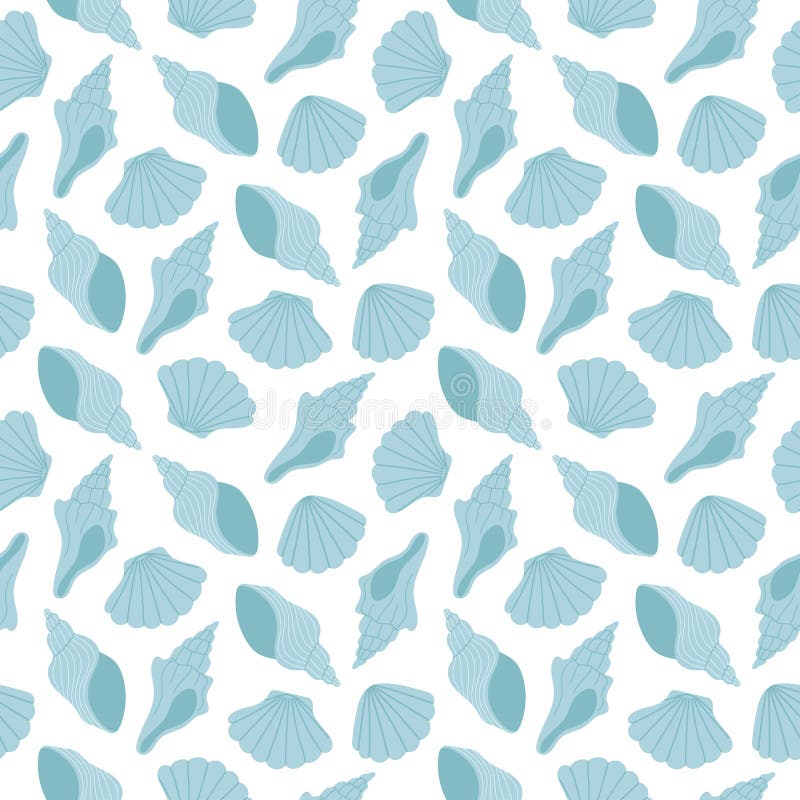 Seamless Pattern with Hand Drawn Blue Seashell on White Background ...