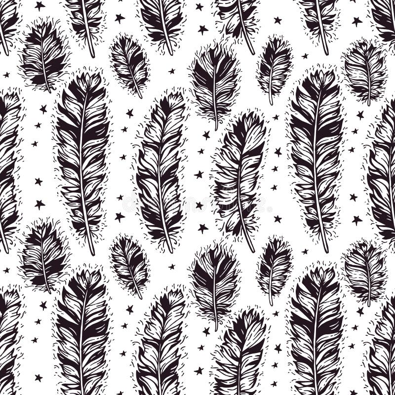 Seamless Pattern of Hand Drawn Boho Feather Stock Vector - Illustration ...