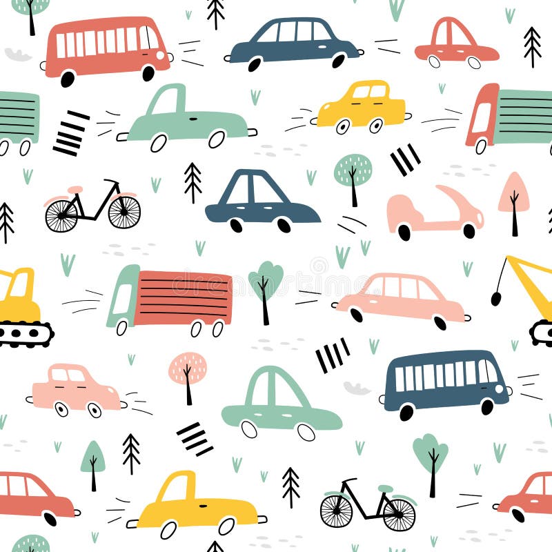 Seamless Pattern with Hand Drawn Car. Cartoon Background for Kids Stock ...