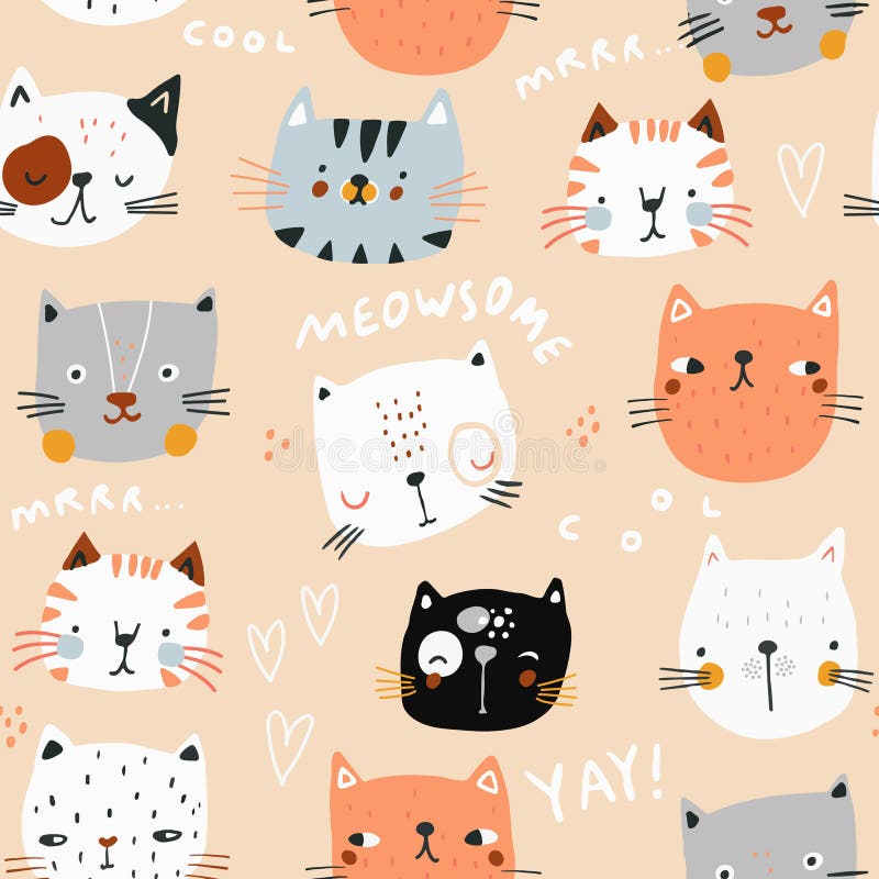 Seamless Pattern with Hand Drawn Cat Faces. Creative Cats Texture Stock ...