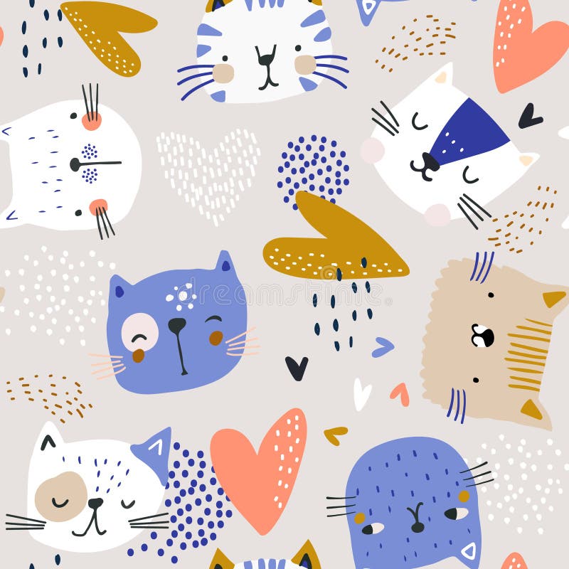 Seamless Pattern with Hand Drawn Cat Faces and Hearts. Creative Cats ...