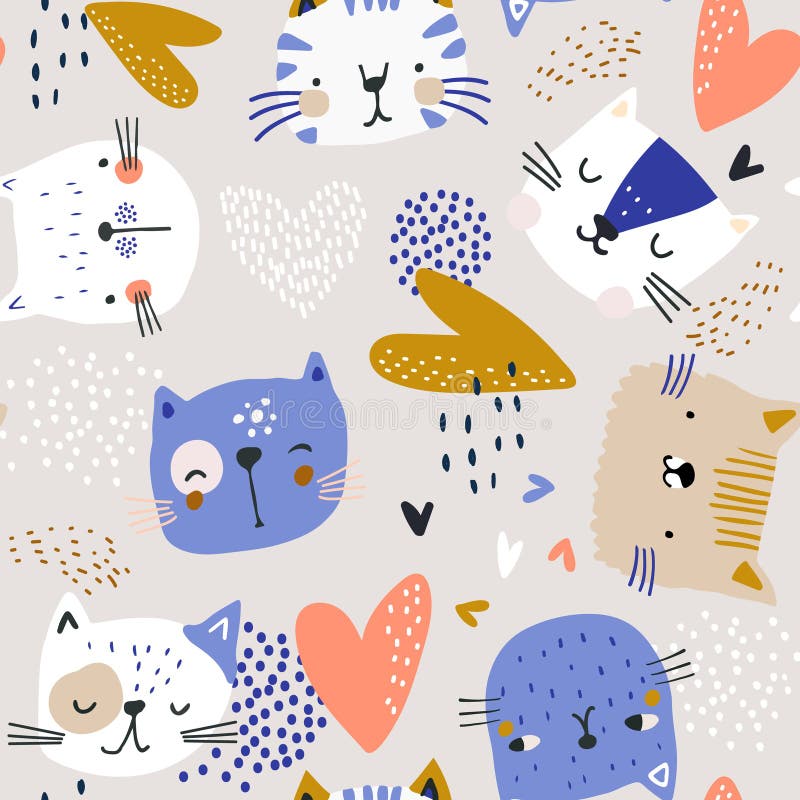 Seamless Pattern with Hand Drawn Cat Faces and Hearts. Creative Cats ...