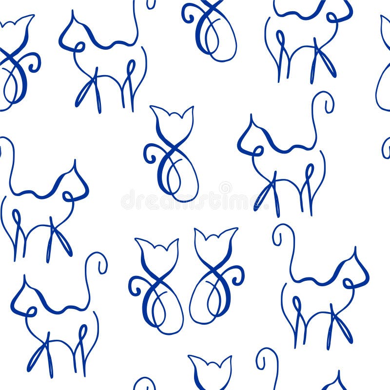 Seamless Pattern from Hand Drawn Cats - One Line Art. Stock Vector ...