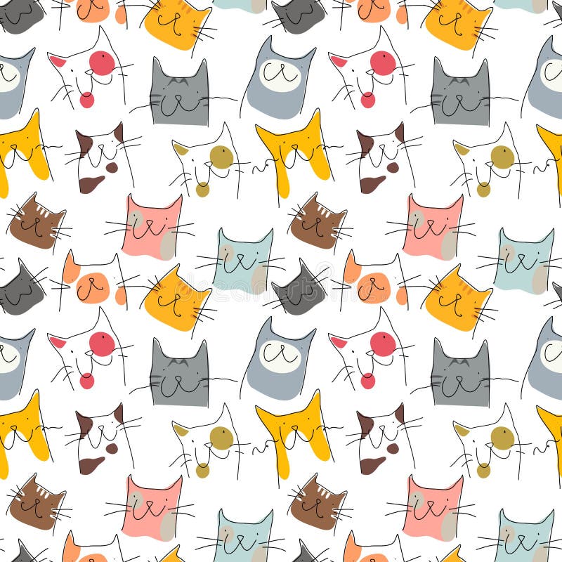 Seamless Pattern with Hand-drawn Cats Stock Vector - Illustration of ...