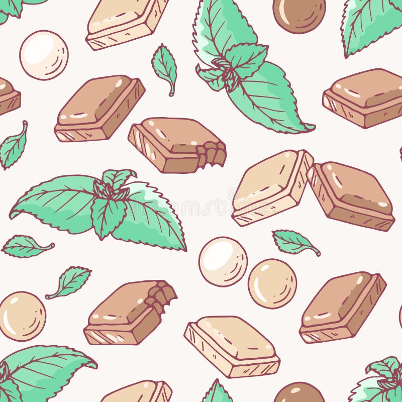 Seamless Pattern with Hand Drawn Chocolate and Mint Flavor Stock Vector ...