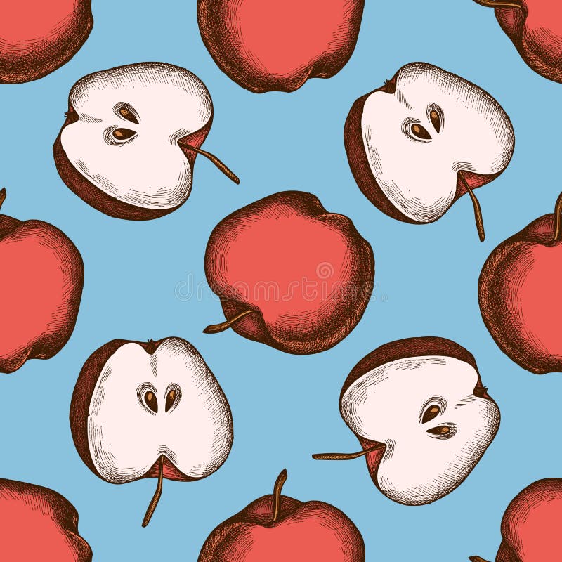Seamless Pattern With Hand Drawn Colored Apples Stock Vector