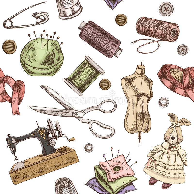 Seamless Pattern of Hand-drawn Colored Sewing Elements. Vector ...