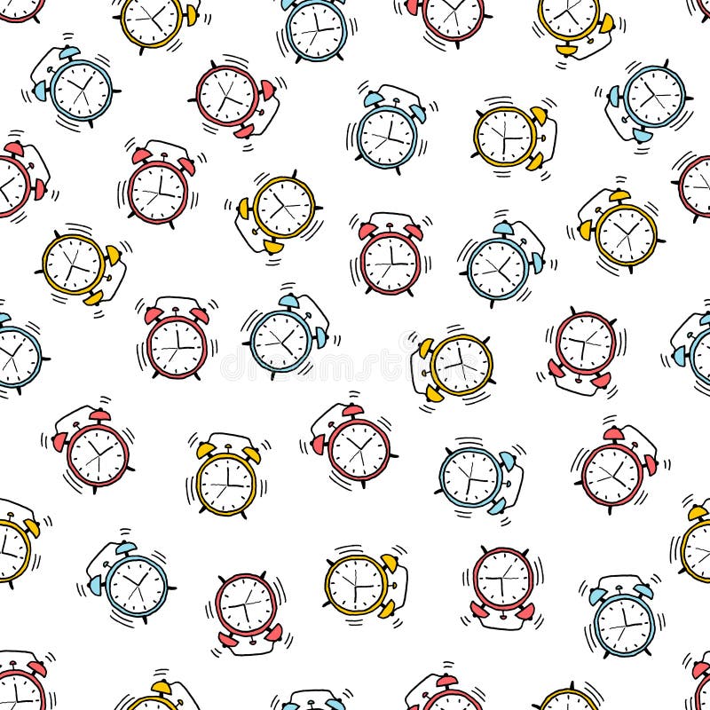 Seamless Pattern of Hand Drawn Colorful Alarm Clock Stock Vector ...