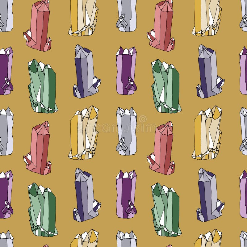 Seamless Pattern with Hand Drawn Colorful Crystals on Gold Background ...