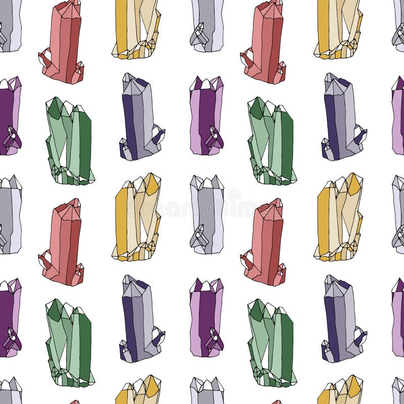 Seamless Pattern with Hand Drawn Colorful Crystals on White Background ...