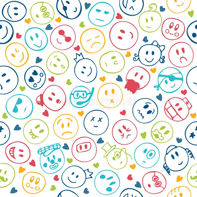 Seamless Pattern of Hand Drawn Colorful Smiley Funny Faces Stock Vector ...