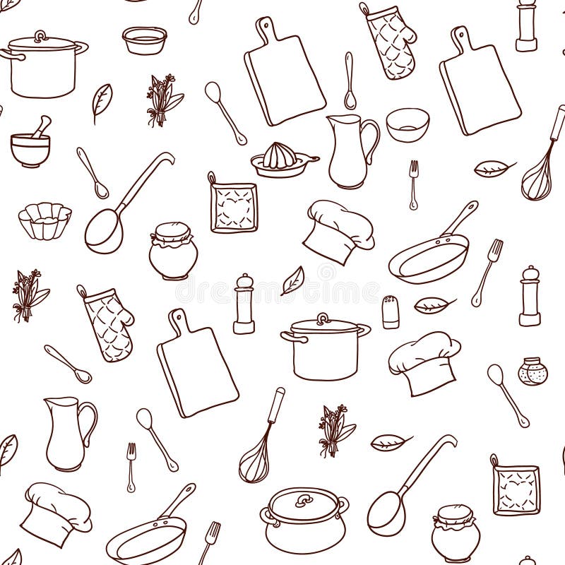 Seamless Pattern with Hand Drawn Cookware on the Stock Vector ...