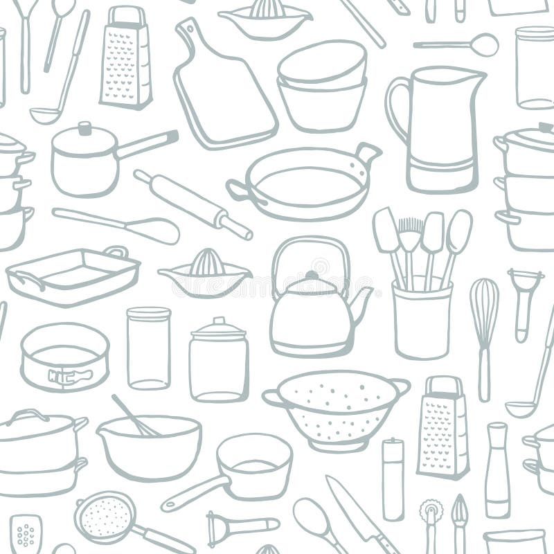 Seamless Pattern with Hand Drawn Cookware Stock Vector - Illustration ...