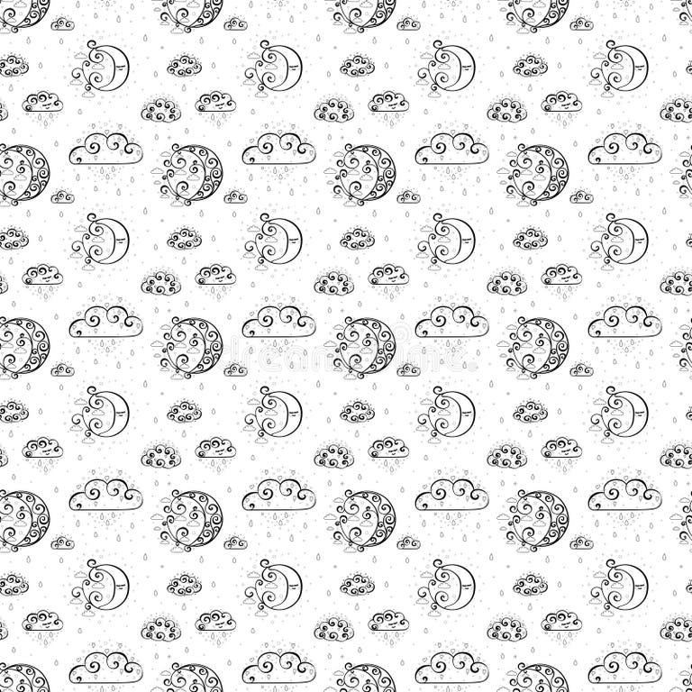 Seamless Pattern with Hand Drawn Curly Doodles of the Moons and Rainy Clouds Stock Vector ...
