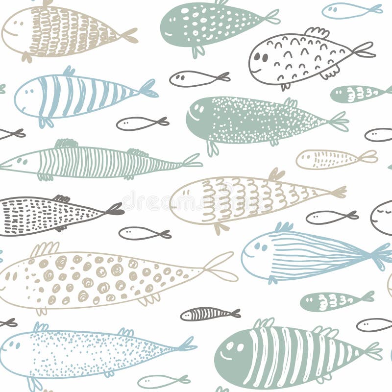 Seamless Pattern with Hand Drawn Cute Fish in Sketch Style. Stock ...