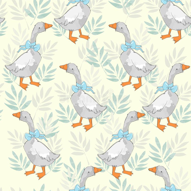 Seamless Pattern Hand Drawn Cute Goose Vector Illustration Stock Vector ...