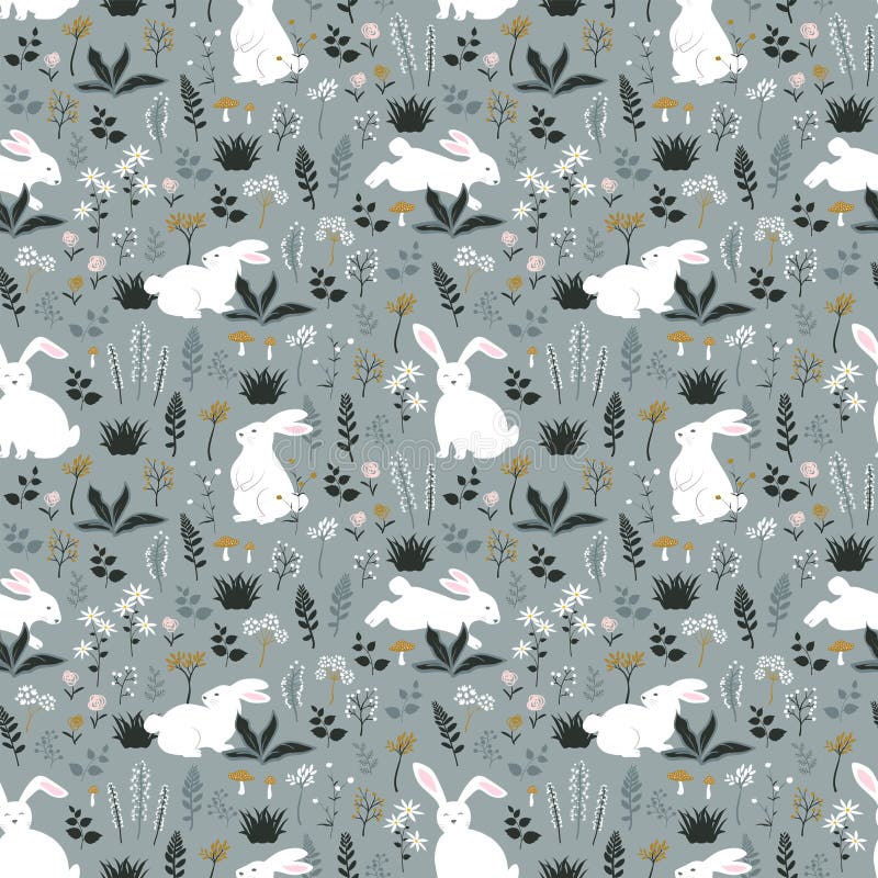 Seamless Pattern with Hand Drawn Cute Rabbits on Spring Garden for ...