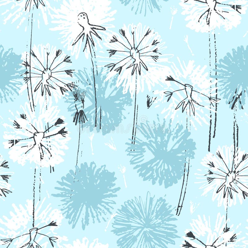 Seamless Pattern with Hand Drawn Dandelion Flowers on Blue Background ...