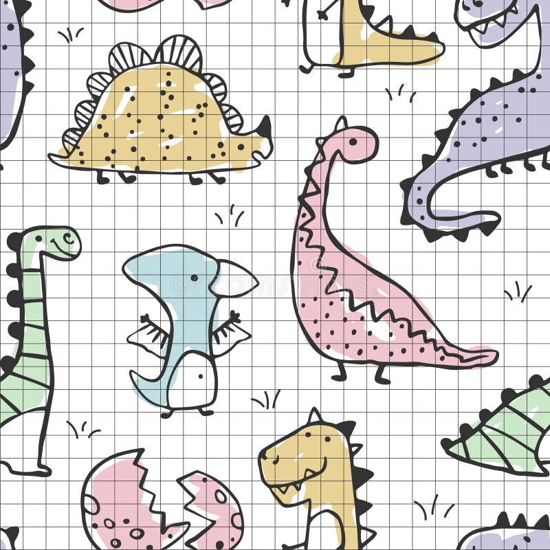 Seamless Pattern of Hand-drawn Dinosaurs, Cracked Eggs Colored with ...