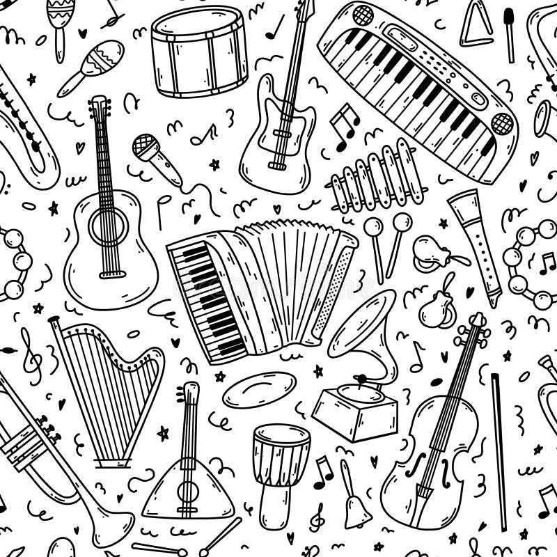 Seamless Pattern with Hand Drawn Doodle Musical Instruments. Vector ...