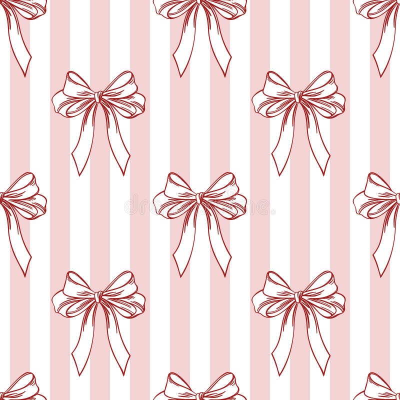Seamless Pattern, Hand Drawn Elegant Pink Bows on Striped Background ...