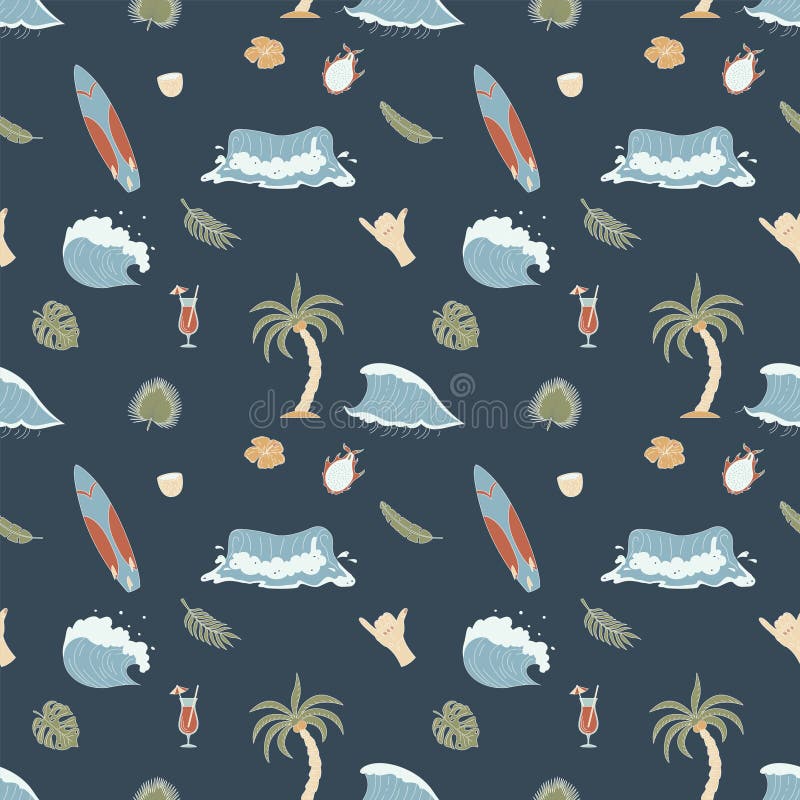 Seamless Pattern with Hand-drawn Elements with a Surf Theme. Wave, Surf, Palm Trees and More ...