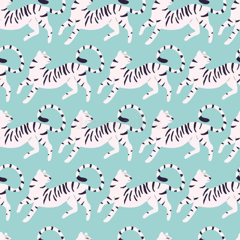 Seamless Pattern with Hand Drawn Exotic Big Cat Tiger, in White, on ...