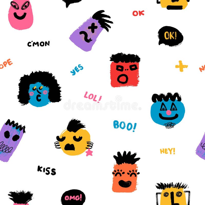 Seamless Pattern with Hand Drawn Faces. Funky Characters, Emotions. Bright Colors. Endless ...
