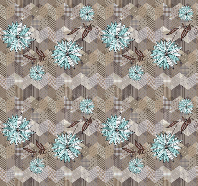 Seamless Pattern with Hand Drawn Flowers on Beautiful Patchwork Stock ...