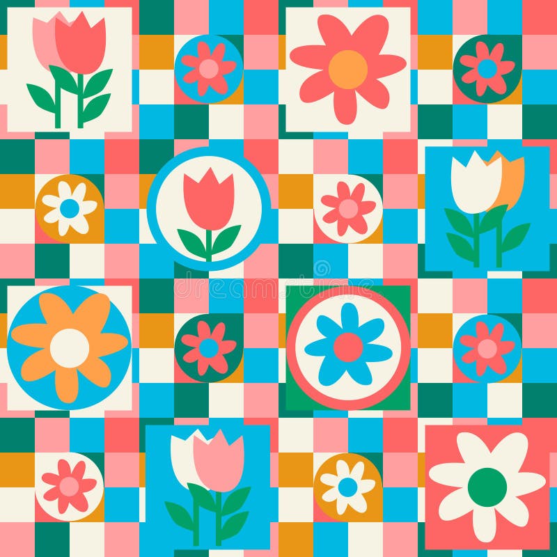 Seamless Pattern. Hand Drawn Flowers Decorated with Patterns in Naive ...