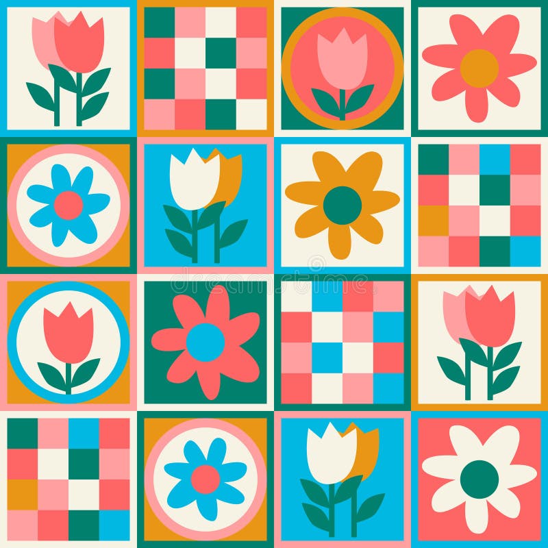 Seamless Pattern. Hand Drawn Flowers Decorated with Patterns in Naive ...