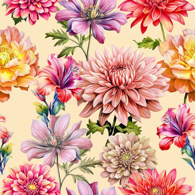 Seamless Pattern With Hand Drawn Flowers Floral Illustration Stock Illustration Illustration