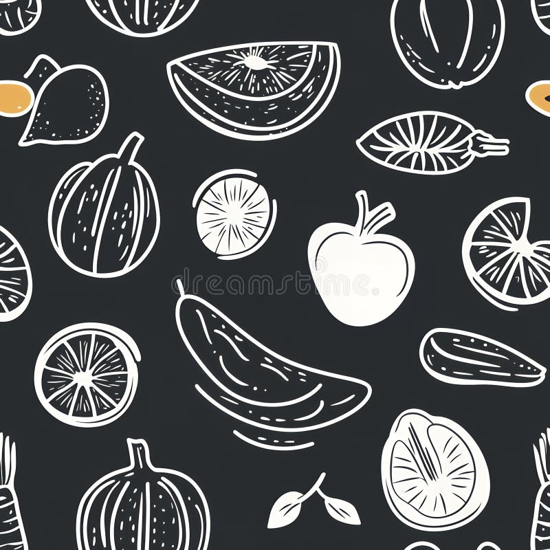 Seamless Pattern of Hand Drawn Fruits and Vegetables on Dark Background ...