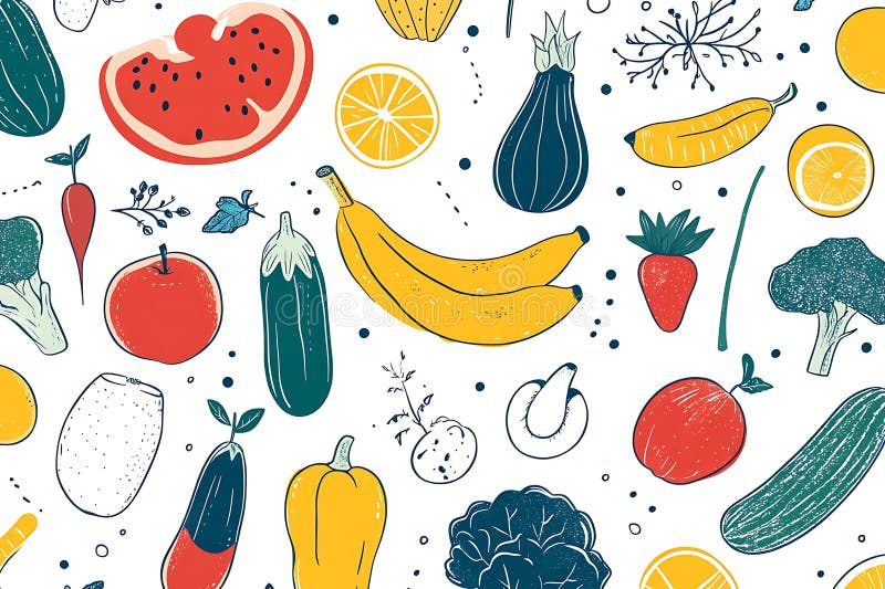 Seamless Pattern with Hand-Drawn Fruits and Vegetables Vibrant Summer ...