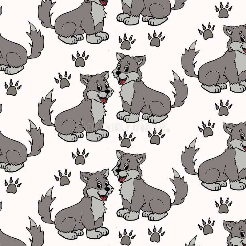 Seamless Pattern, Hand-drawn Funny Gray Wolves and Their Paw Prints ...