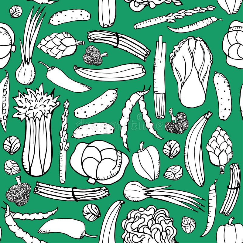 Seamless Pattern with Hand Drawn Green Vegetables on Green Background ...