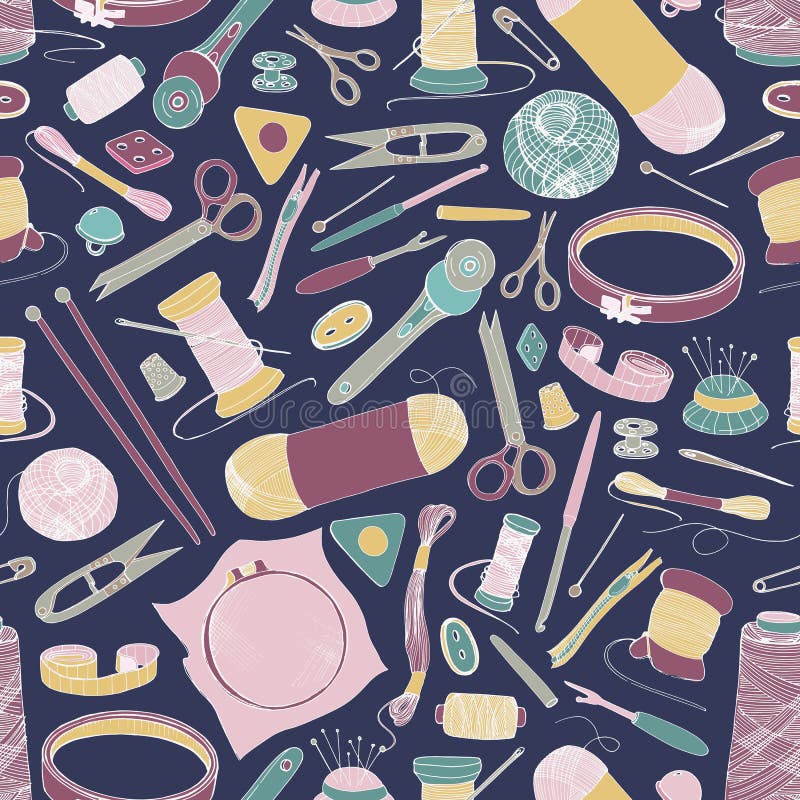 Knitting and Sewing Accessories. Hand Drawn Colorful Illustrations Set. Stock Vector ...