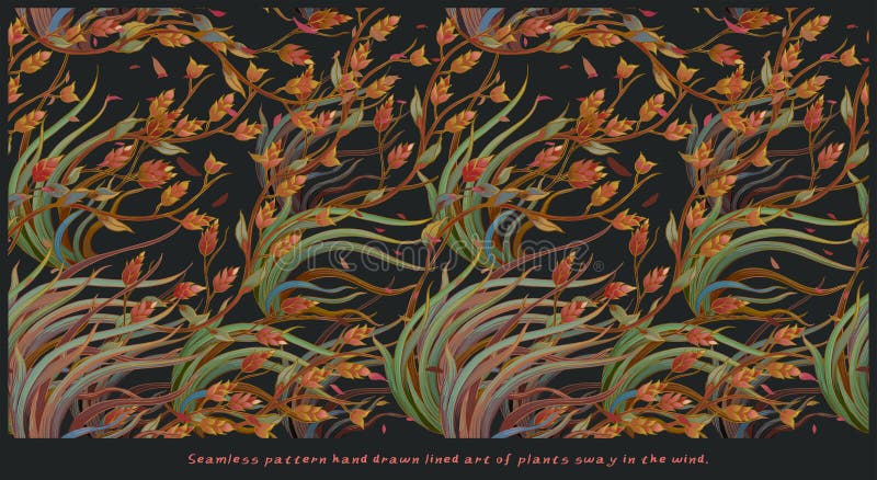 Seamless Pattern Hand Drawn Lined Art of Plants Sway in the Wind Stock ...