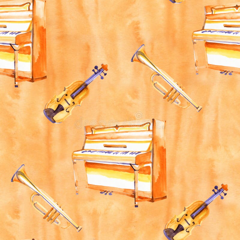 A Seamless Pattern with Hand Drawn Music Instruments on a Watercolor ...