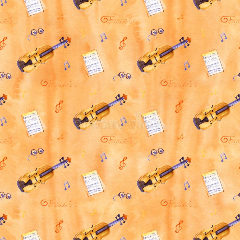 A Seamless Pattern with Hand Drawn Music Instruments on a Watercolor ...